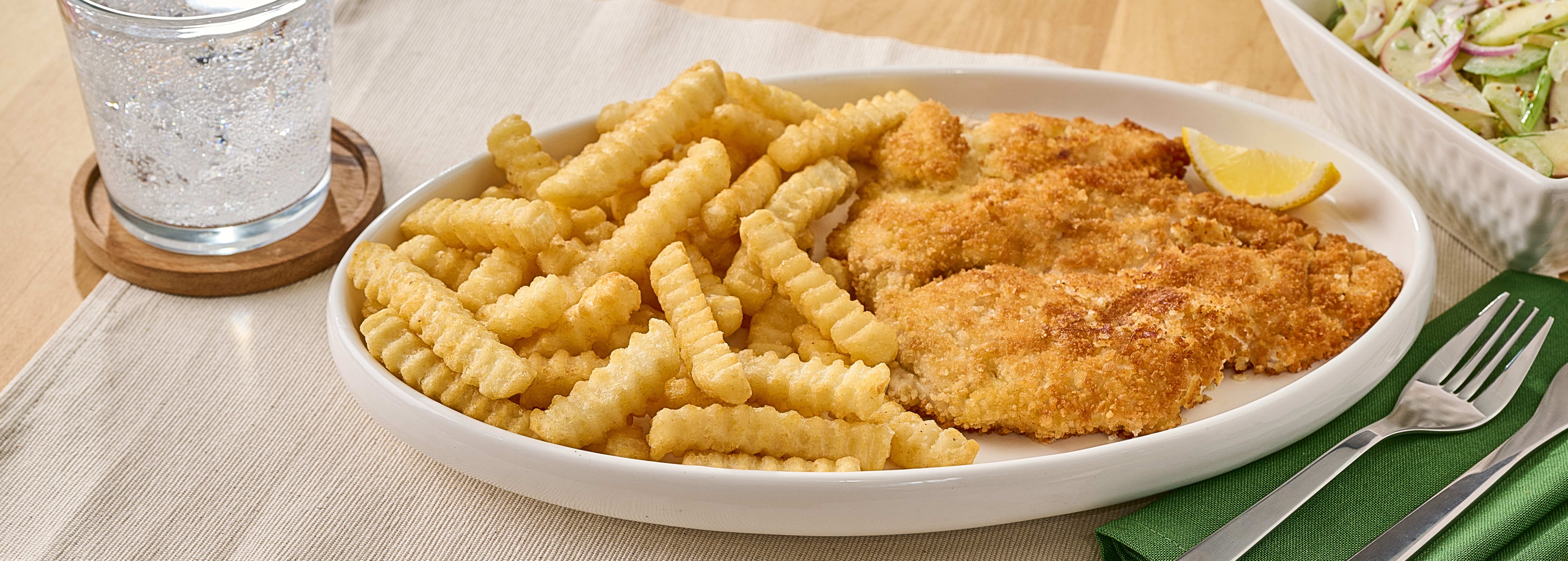 Crispy Schnitzel with Crinkle Cut Fries and Slaw