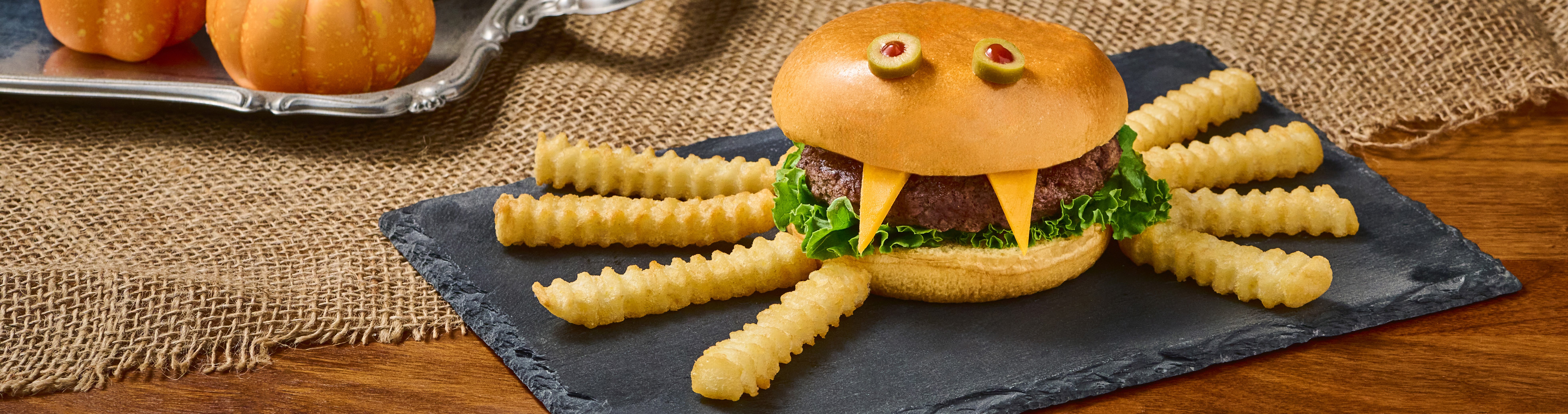 Deliciously Scary Spider Burgers with Crinkle Cut Fries