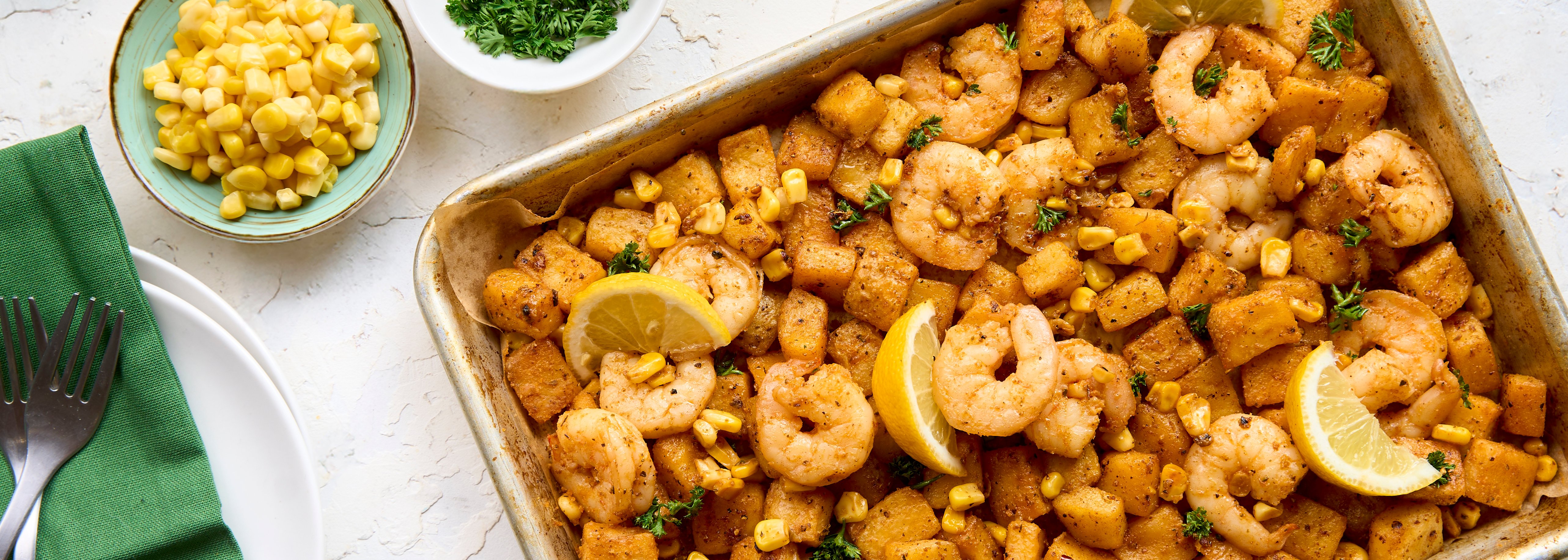 Sheet Pan Shrimp Boil w/ Diced Hash Browns | Cavendish Farms